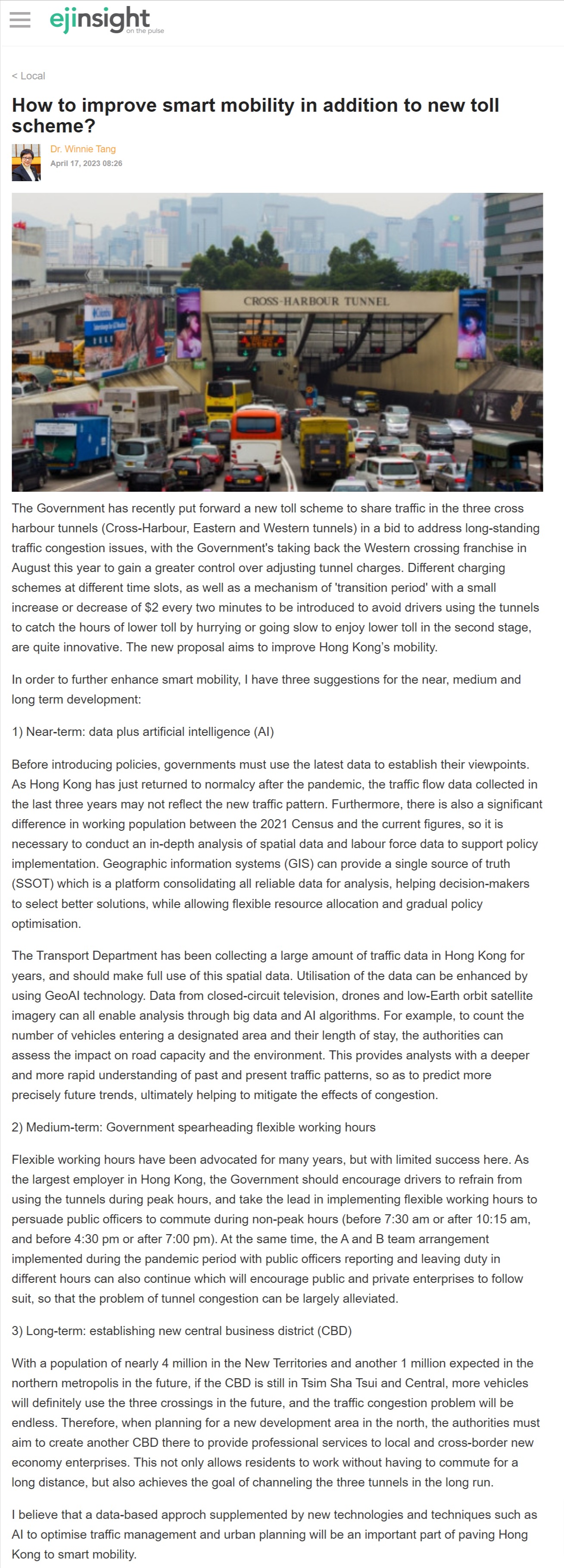 Dr Winnie Tang (鄧淑明博士), JP - How to improve smart mobility in addition to new toll scheme? - EJ ...